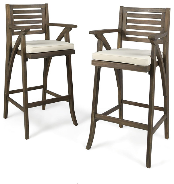 Set of 2 Outdoor Bar Stool, Armed Design With Slatted Back and ...