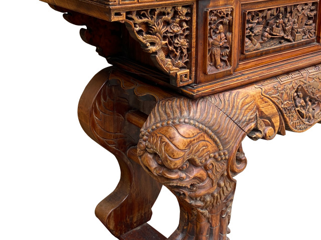 Chinese Vintage Opera Scenery Lion Heads Carving Long Altar Console ...