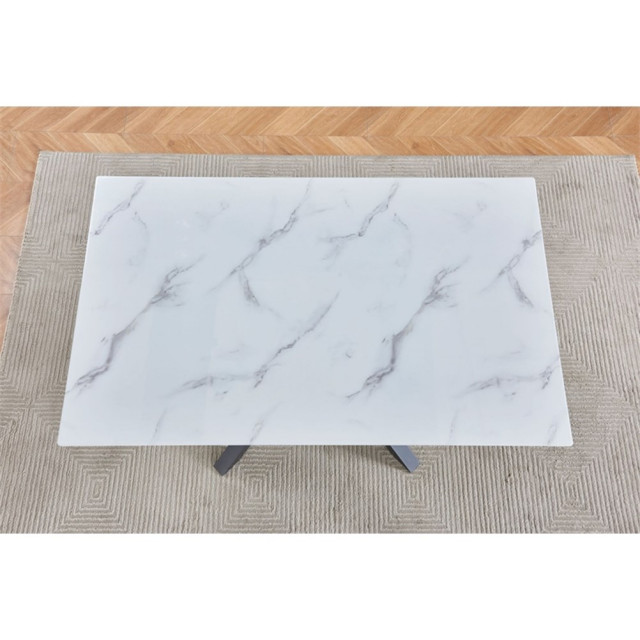 7pc White Marble Wrapped Dining Table with Tempered Glass and Gray ...