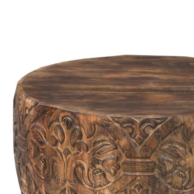 Rea 34" Coffee Table Mango Wood Round Drum Carved Damask Walnut Brown ...