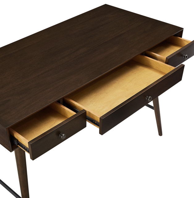 Aloisia Wood 3-Drawer Writing Desk - Dark Walnut Finish - Midcentury ...