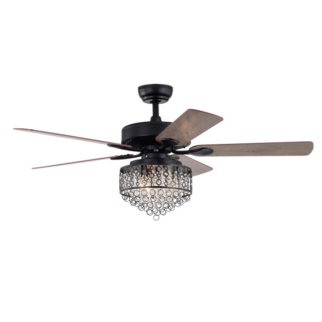 52" Indoor Matte Black Reversible Ceiling Fan with Crystal Cascade ...