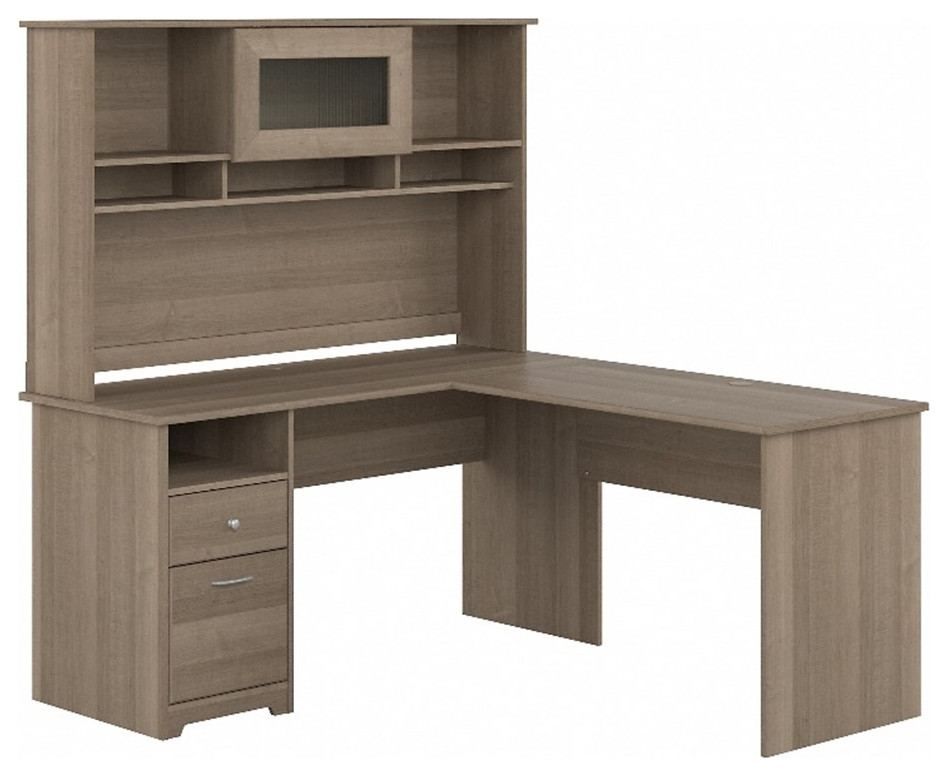 Cabot 60W L Shaped Computer Desk with Hutch in Ash Gray - Engineered ...