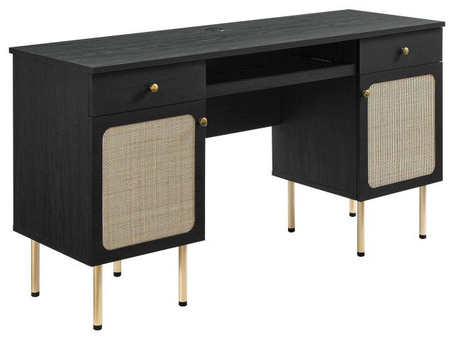 Cane Desk, Black Ebony Wood Rattan Office Desk, Wooden Home Office Desk ...