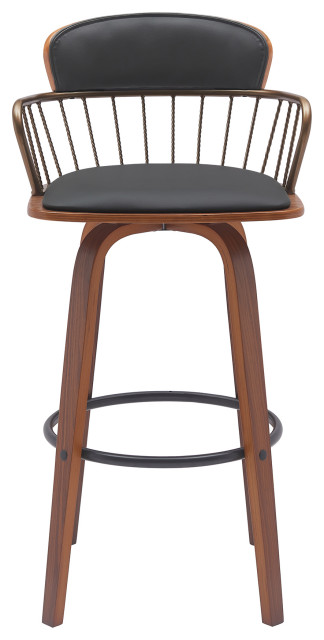 Willow 25.5" Swivel Walnut Wood Counter Stool, Black Faux Leather ...