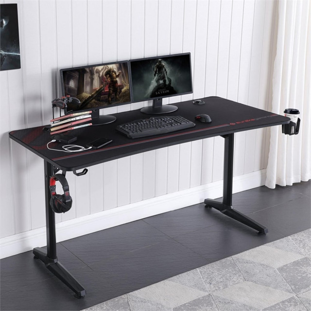 Pemberly Row Rectangular Metal Gaming Desk with USB Ports in Black ...