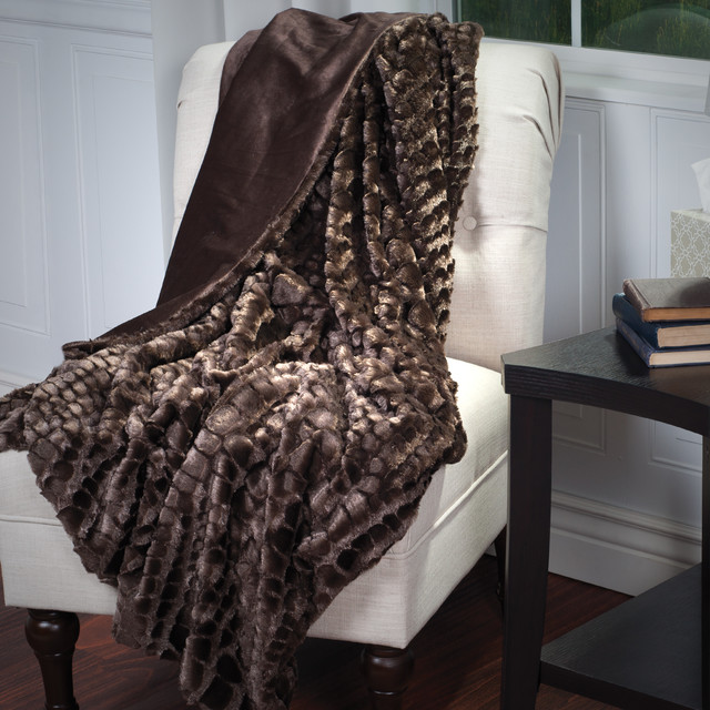Lavish Home Plush Croc Embossed Faux Fur Mink Throw, Brown ...