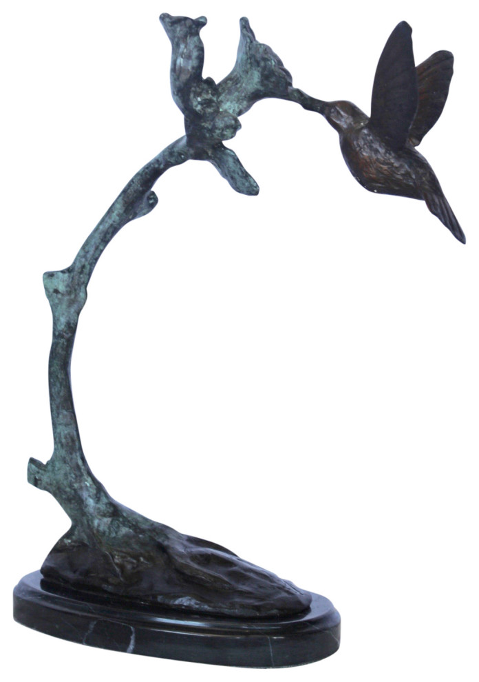Hummingbird with flower bronze statue - Size: 12"L x 7"W x 15"H ...