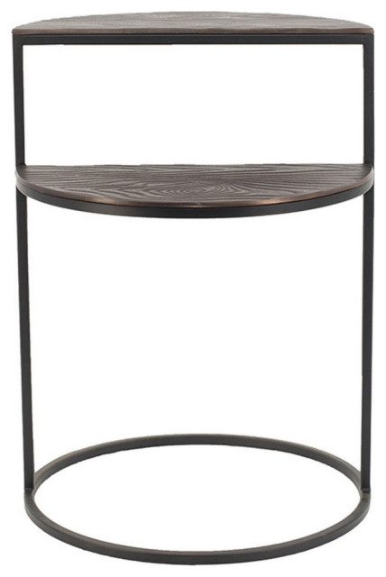 22" Modern Metal Round Accent Table, 2 Half Circle Shelves, Wood, Brown ...