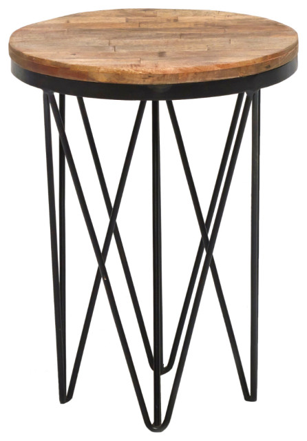 18" Round End Side Table Reclaimed Wood Planks Top Cast Iron Base ...