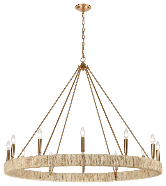 Abaca 12-Light Chandelier, Satin Brass With Abaca Rope Accents - Beach ...