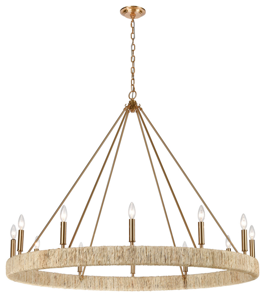 Abaca 12-Light Chandelier, Satin Brass With Abaca Rope Accents - Beach ...