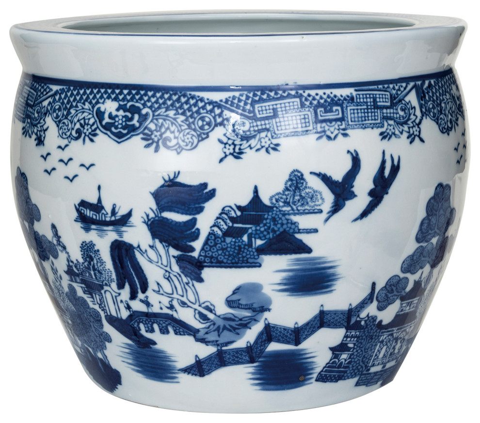 Hand-Painted Stoneware Planter, Blue and White - Asian - Indoor Pots ...