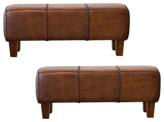 Home Square 2 Piece Genuine Leather Bench Set in Espresso Brown ...