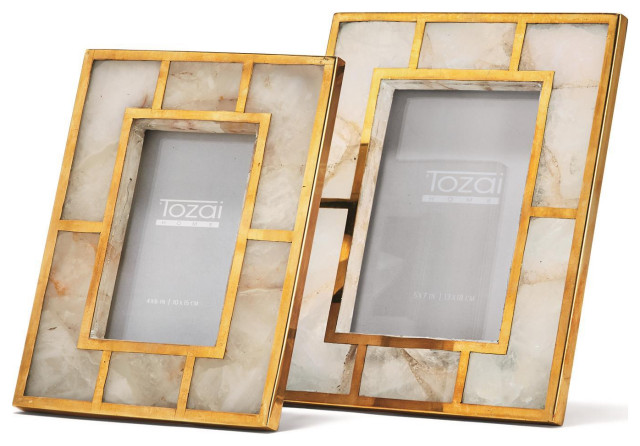Two's Company White Quartz Photo Frames With Brass Trim, Gift Box, Set ...