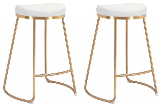 Set of Two White and Gold Modern Glam Geo Backless Counter Stools ...