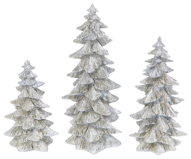 Set of 3 resin silver glitter trees, large is 9.45-in high ...