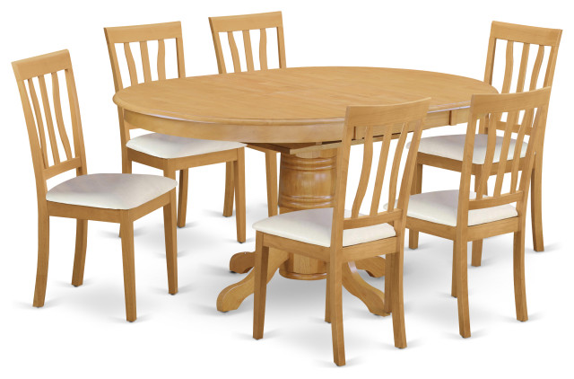 Avat7-Oak-Lc, 7-Piece Dinette Table With Leaf and 6 Faux Leather Chairs ...