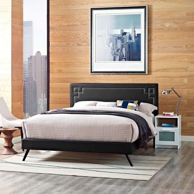 Modern Contemporary Urban Queen Size Platform Bed Frame, Black, Faux ...