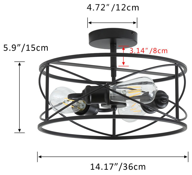 Black 3-Light Cage Shape Ceiling Light Metal Frame Semi Flush Mount ...