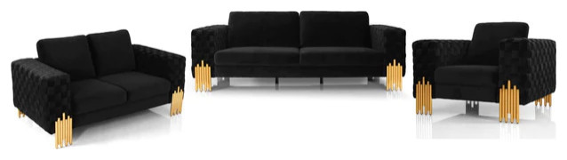 Lynel Modern Velvet Glam Black & Gold Sofa Set - Contemporary - Living ...