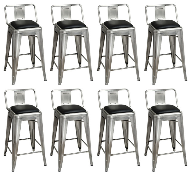 Gunmetal 24" Low Back Metal Bar Stools With Vegan Leather Seat Set of 8 ...