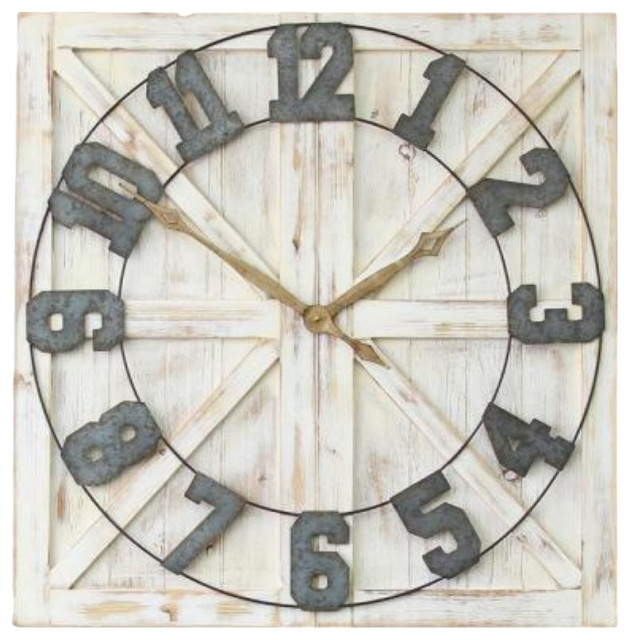 HomeRoots Square Distressed Wood and Metal Wall Clock With Vintage ...