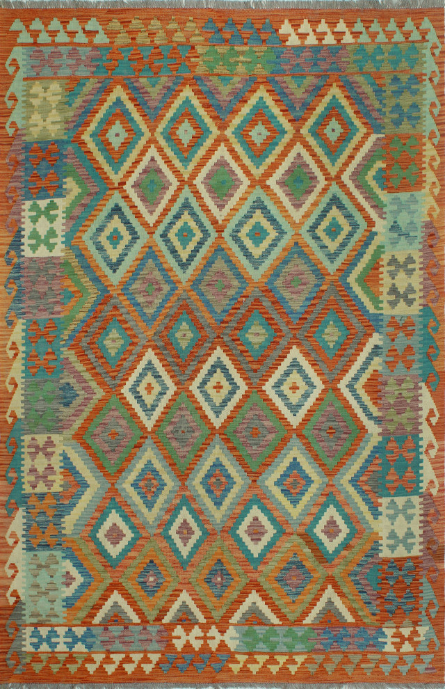 Sangat Kilim Jemma Rust/Blue Rug, 6'5x9'10, 6'5x9'10 - Southwestern ...