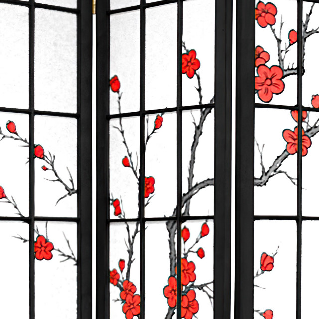 Traditional Room Divider, Rice Paper With Cherry Blossom Print - Asian ...