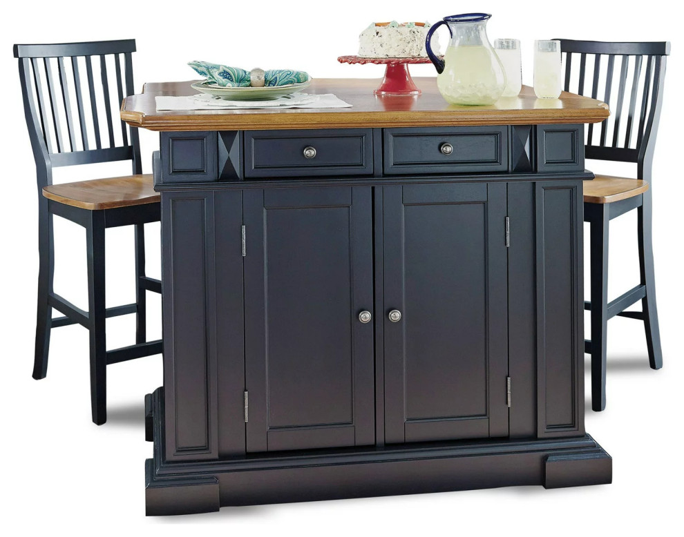 Transitional Spacious Kitchen Island With 2 Slatted Back Stools ...