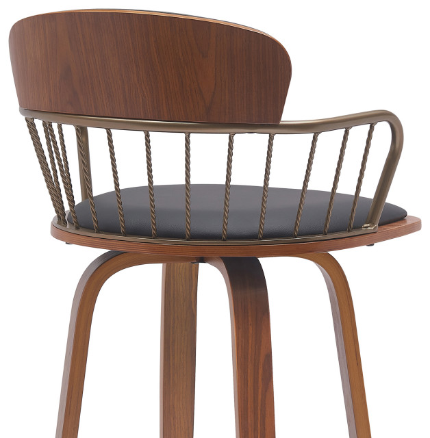 Willow 25.5" Swivel Walnut Wood Counter Stool, Black Faux Leather ...