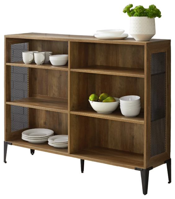 Horizontal Bookcase, 6 Open Shelves With Mesh Metal Sides - Industrial ...