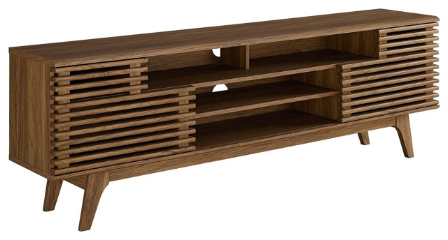 Mid Century Modern TV Stand, Slatted Doors & Open Compartments, Walnut ...