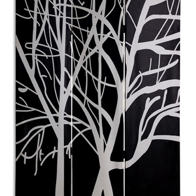 Benzara BM26497 3 Panel Canvas Room Divider with Branch Pattern, Black ...