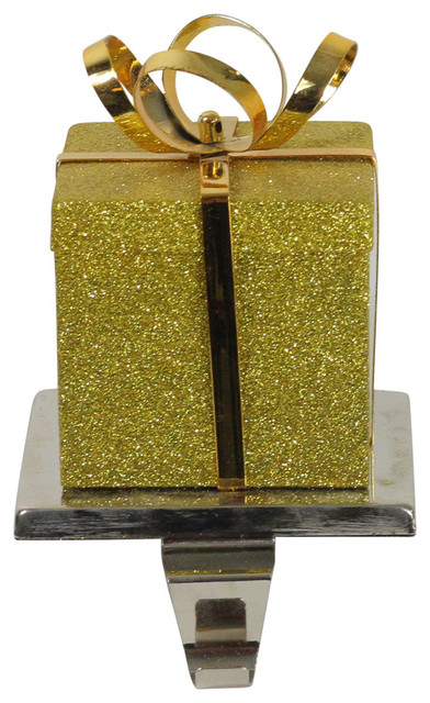 6" Gold Glittered Gift Box Shaped Christmas Stocking Holder - Christmas ...