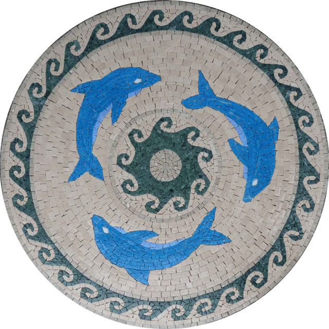 Mosaic Artwork - Dolphins Swimming, 84" x 84" - Beach Style - Tile ...