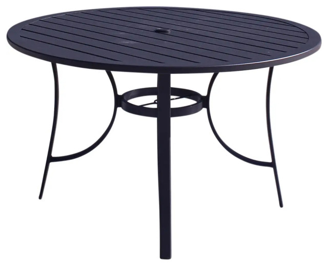 Patio Dining Table, Slatted Aluminum Top With Round Shape & Umbrella ...