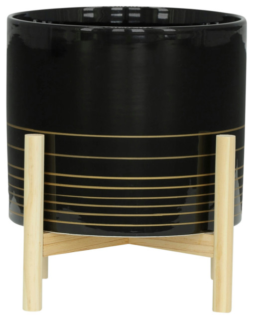 12" Ceramic Metallic Planter W/ Wood Stand, Black - Transitional ...