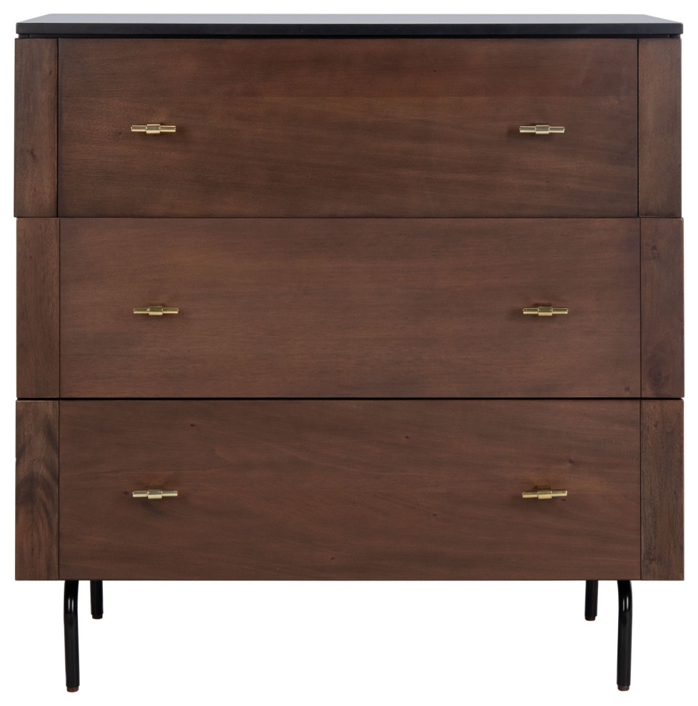Contemporary Dresser, Mahogany Wood Frame & 3 Drawers With Golden Pulls ...