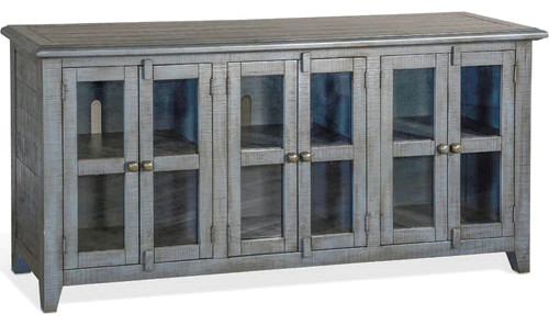 70" Distressed Blue TV Stand With Glass Doors Storage Cabinet ...