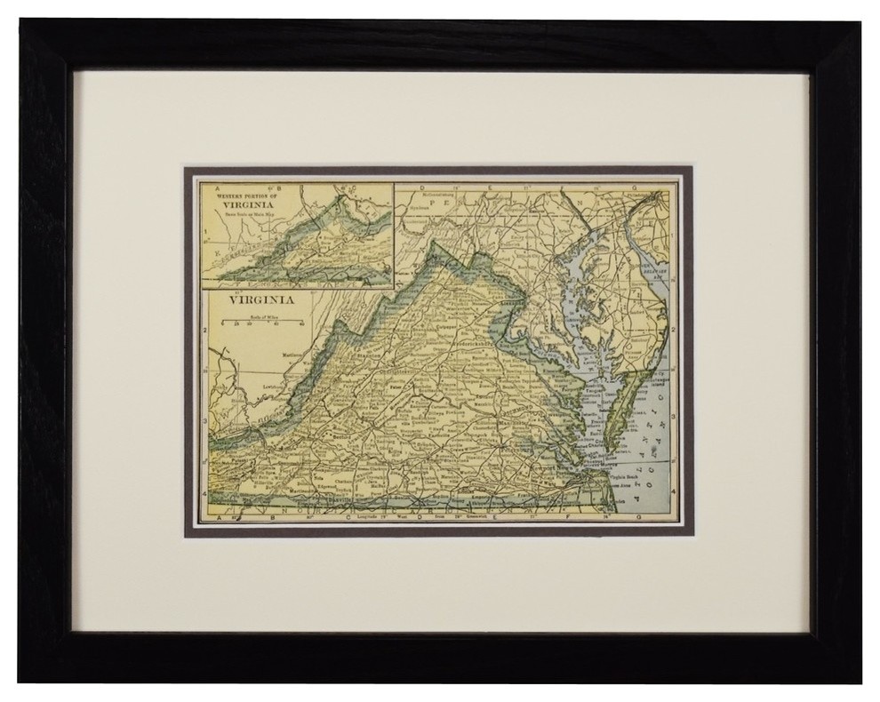 Vintage Virginia State Map, Framed Original Virginia Map- Authentic ...