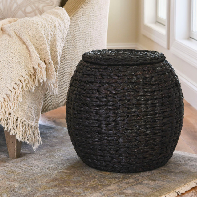 Handwoven Water Hyacinth Barrel Wicker Storage Basket Side Table ...