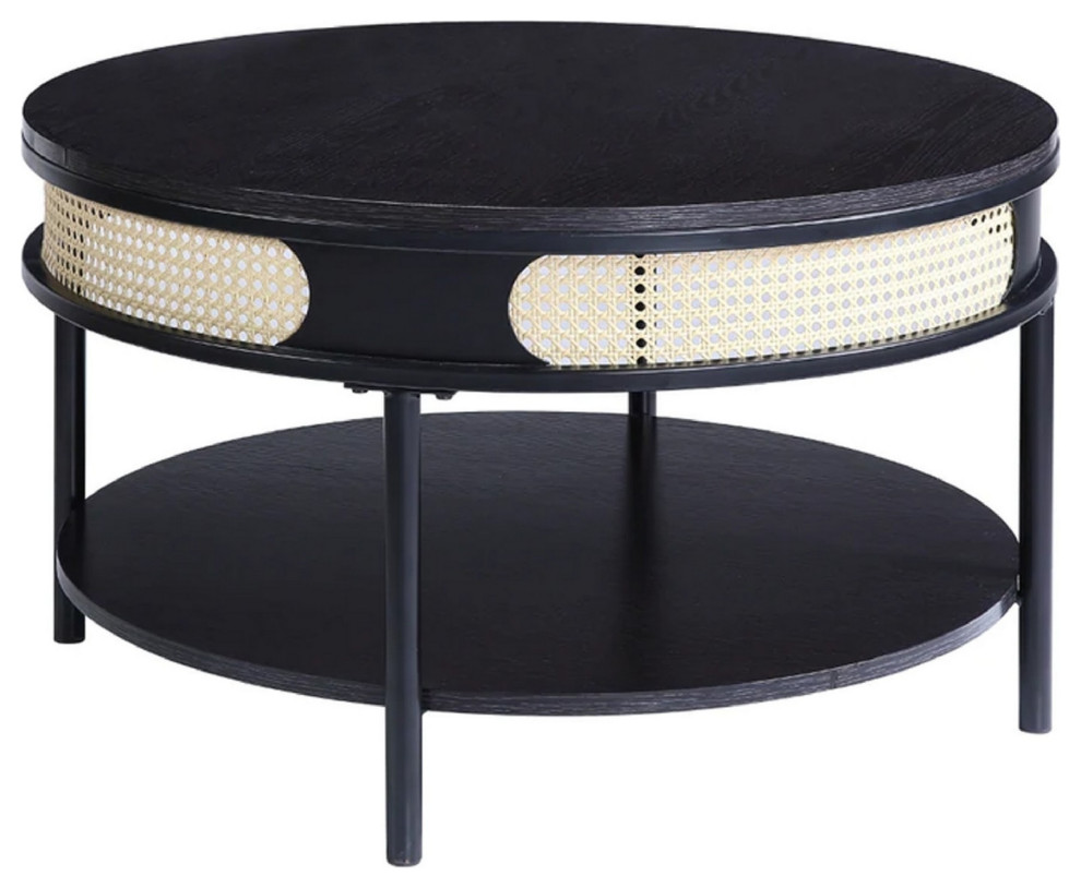 Benzara BM275487 Round Coffee Table, Rattan Apron Accent, Metal Legs ...