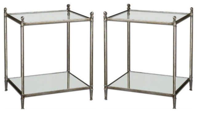 Home Square Mirrored Glass End Table in Antiqued Silver - Set of 2 ...