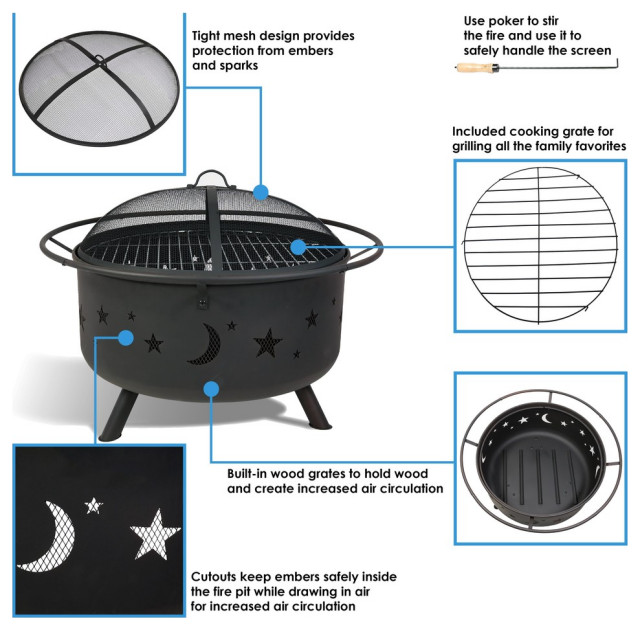 Sunnydaze Cosmic Fire Pit With Cooking Grill and Spark Screen, 30 ...