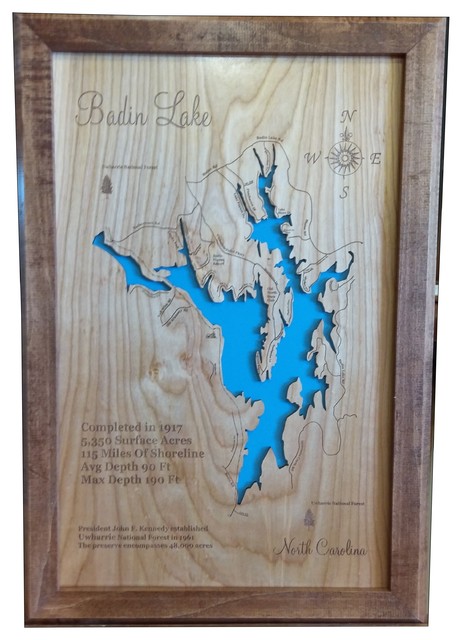 Wood Map Wall Hanging, Badin Lake North Carolina, Framed, Small, Medium ...