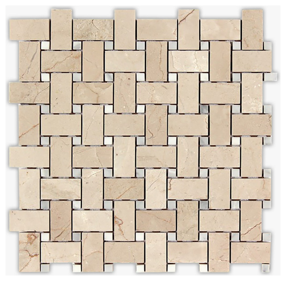 Crema Marfil Polished 1x2 Basket Weave W1 Marble Mosaic, 12x12 ...