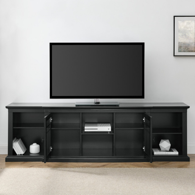 Classic TV Stand with Crown Molded Top, Glass Doors, and Open Shelves ...