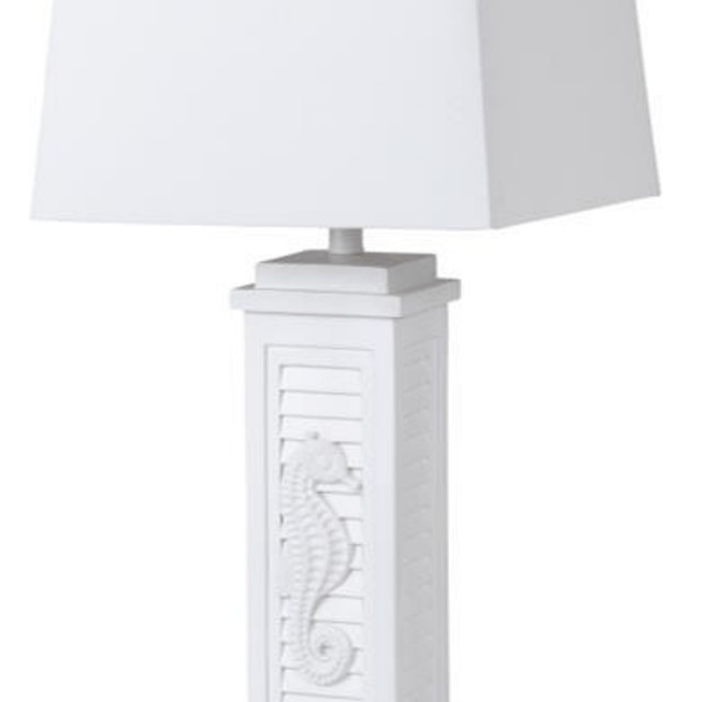 Set of Two 32" White Seahorse Shutter USB Table Lamps With White Square ...
