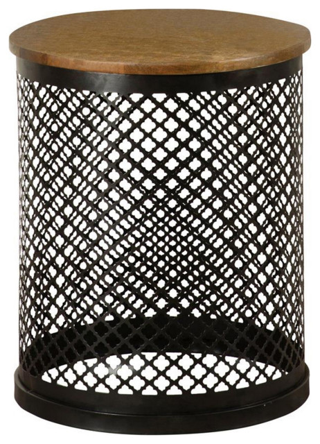 22" Round Accent Table With Crossed Lattice Metal Drum Base, Black ...